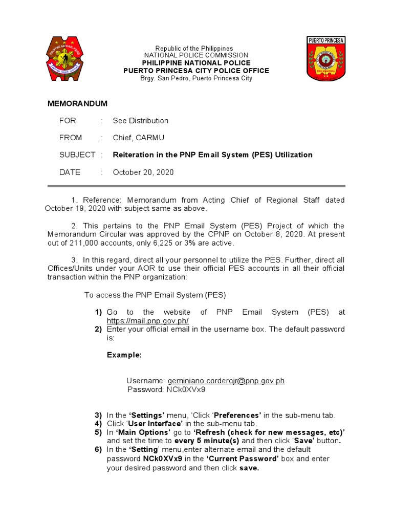Reiteration On PNP Email System (PES) Utilization | PDF | Information ...