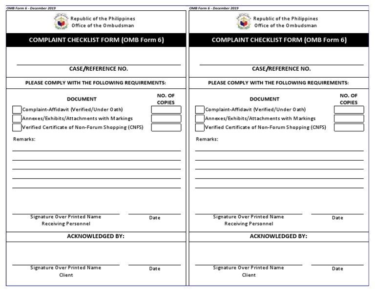 OMB Form 6 - Complaint Checklist Form | Download Free PDF | Document | Government