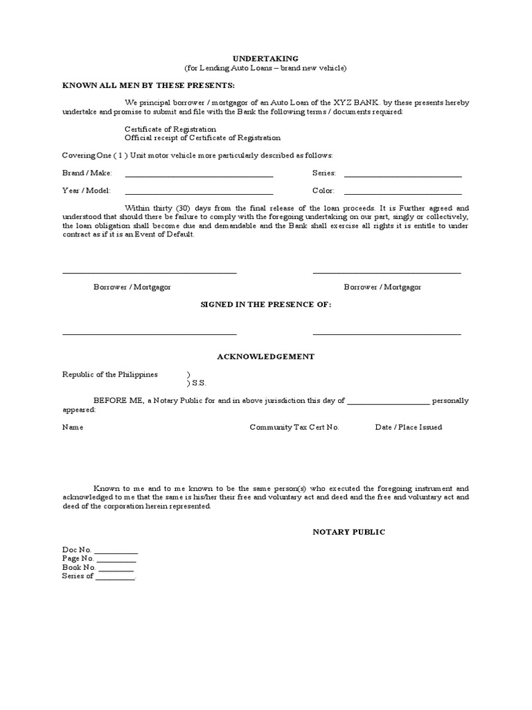 UNDERTAKING - Lending Auto Loan (XYZ BANK) | PDF