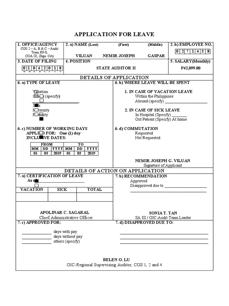 Application For Leave - Jan SL | PDF | Government | Business