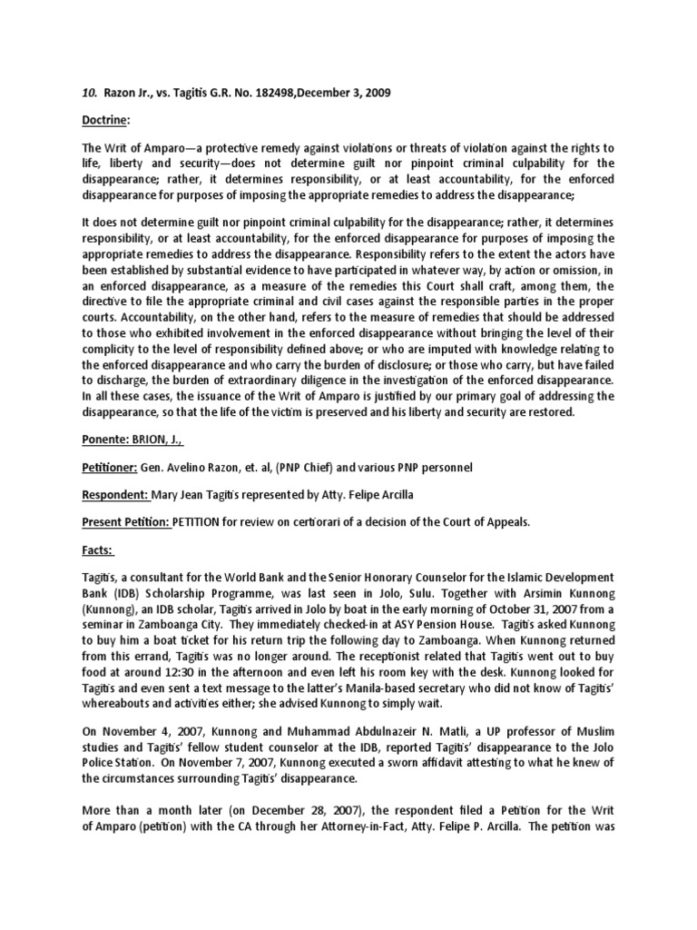 Razon JR., vs. Tagitis G.R. No. 182498, December 3, 2009 | PDF ...