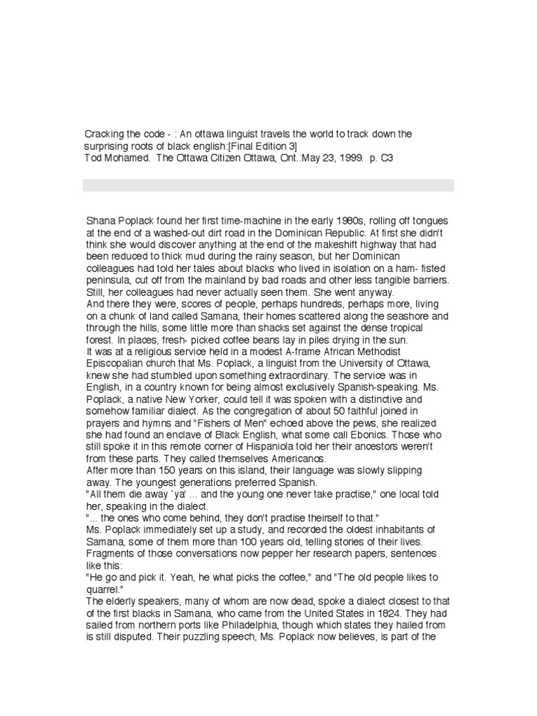 Poplack in OttawaCitizen | PDF | English Language | Linguistics