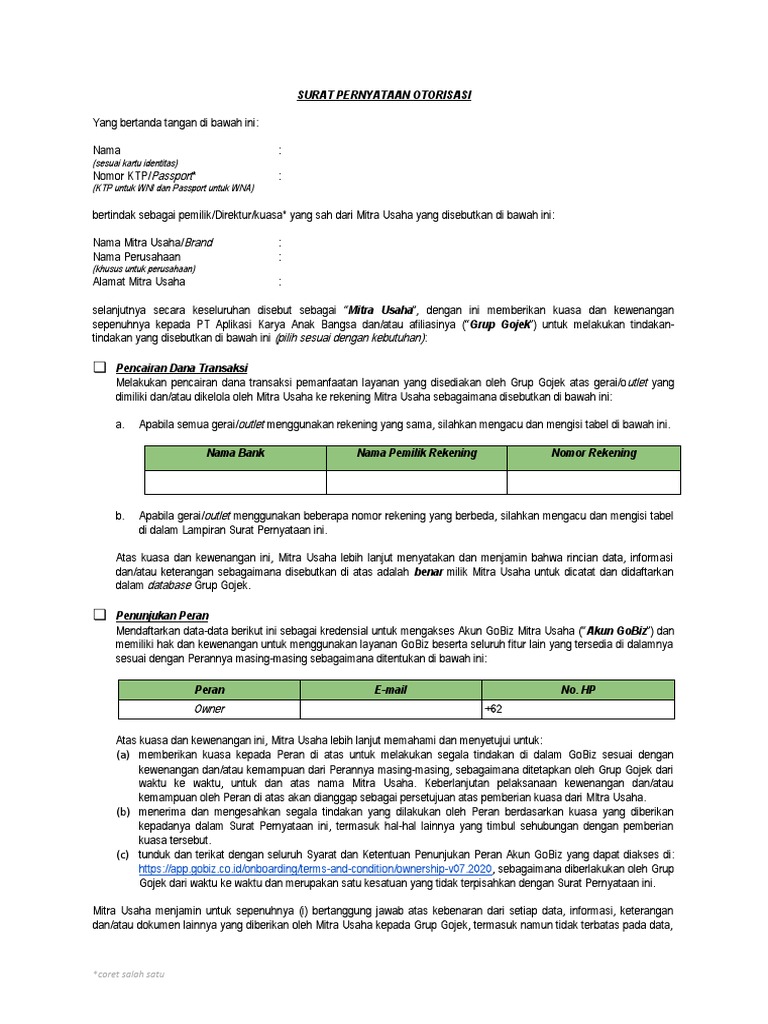 Surat Pernyataan Otorisasi Letter Of Authorization Versi 11 2020 Pdf