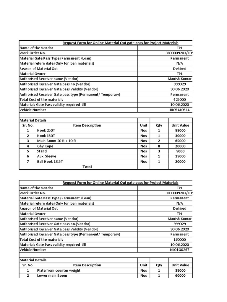 Material Out Gate Pass 01.06.2020 | PDF | Vehicles | Transport