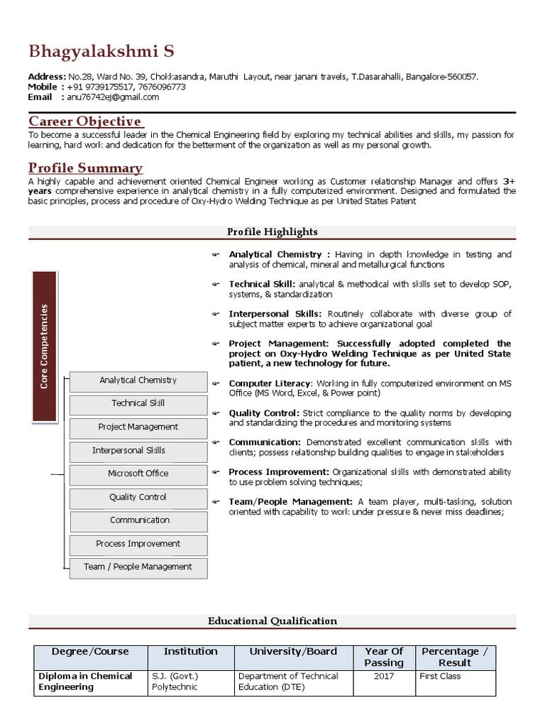 Chemical Engineer Resume Bhagyalakshmi S | PDF | Competence (Human ...