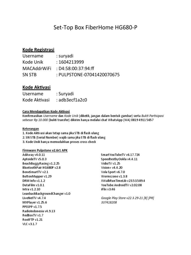 Set-Top Box FiberHome HG680-P Aktivasi | PDF