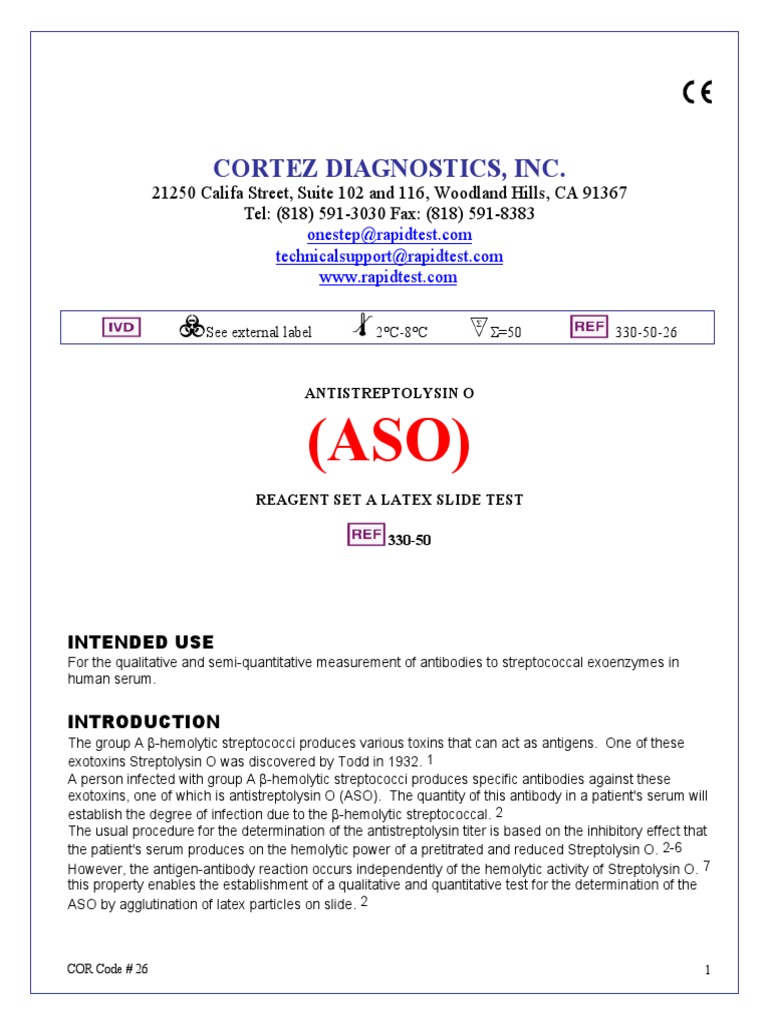 Cortez Diagnostics Antistreptolysin O (ASO) Reagent Set A Latex Slide ...