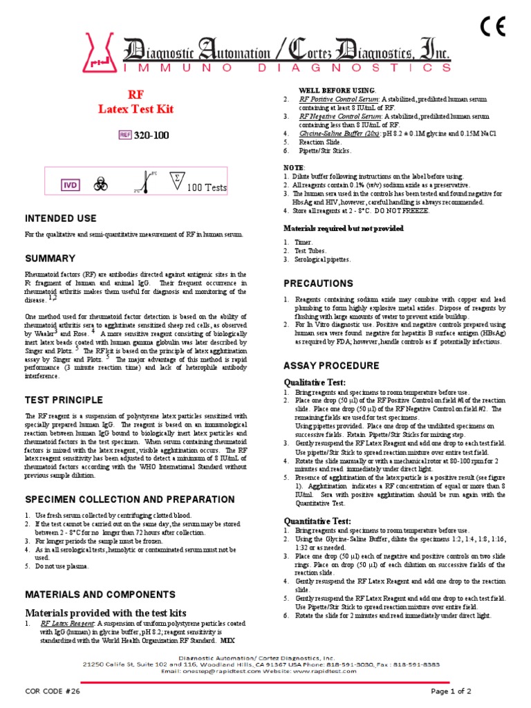 RF Latex Test Kit Instructions | PDF | Serology | Rheumatoid Arthritis