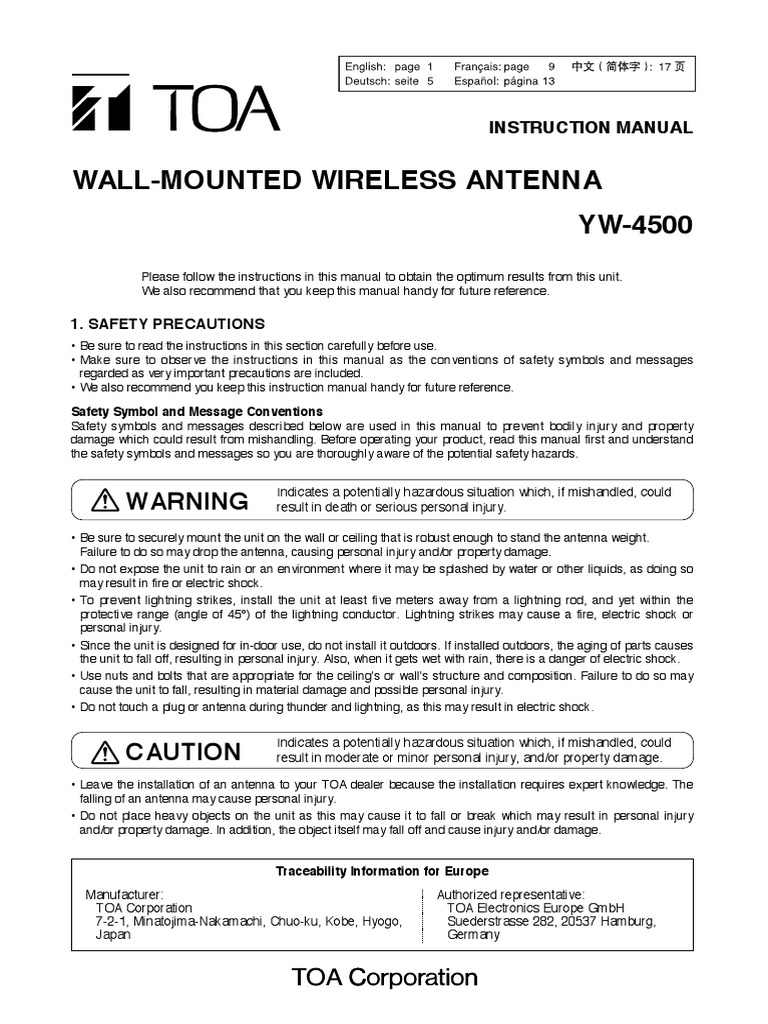 YW-4500 Wall-Mounted Wireless Antenna: Warning | PDF | Antenna (Radio ...