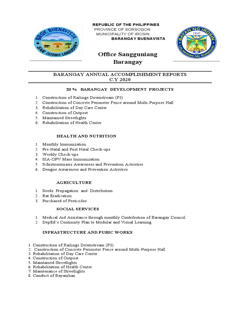 Office Sangguniang Barangay: Barangay Annual Accomplishment Reports C.Y ...