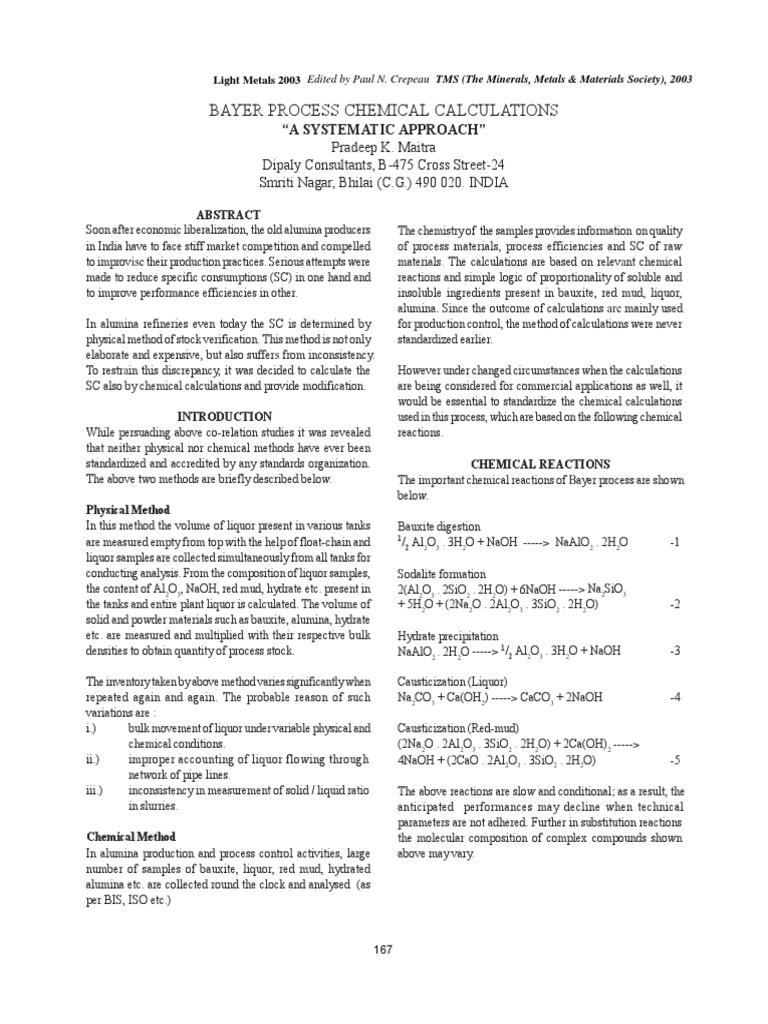 Bayer Process Chemical Calculations | PDF | Aluminium Oxide | Sodium ...
