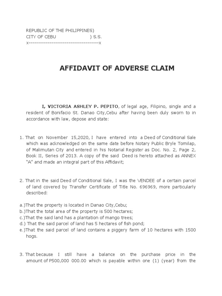 Affidavit of Adverse Claim: I, VICTORIA ASHLEY P. PEPITO, of Legal Age ...