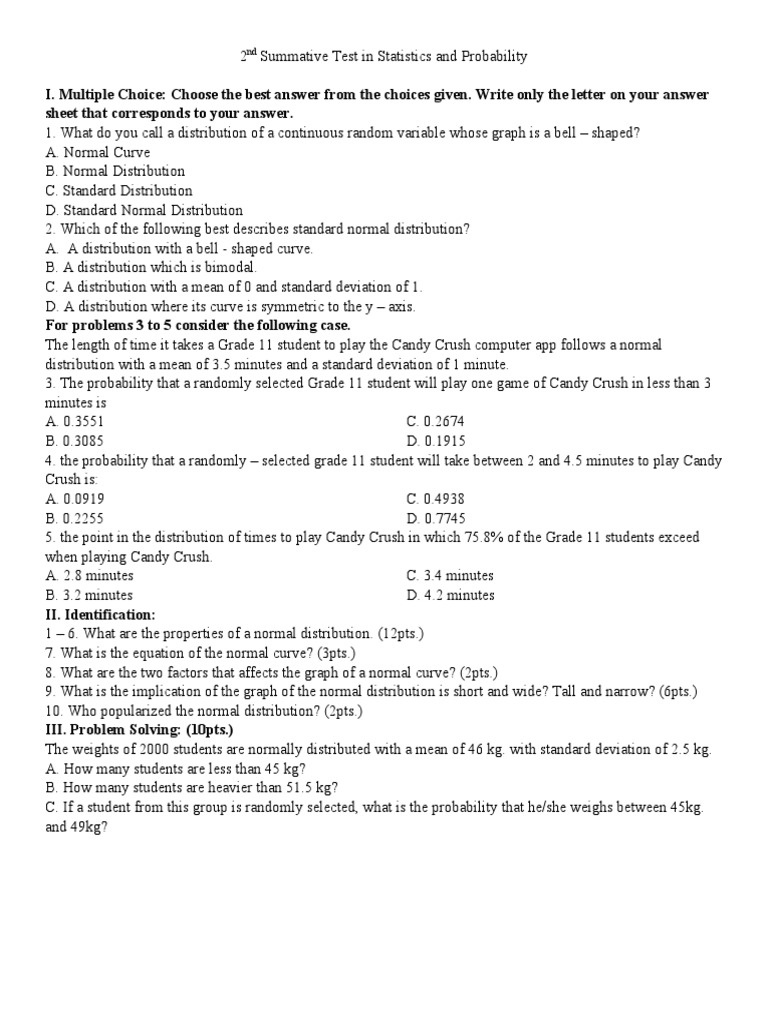 2nd Summative Test in Statistics and Probability | PDF 2nd Summative Test in Statistics and Probability | PDF