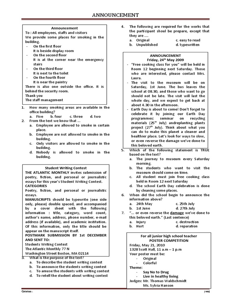 Latihan Soal Announcement | PDF