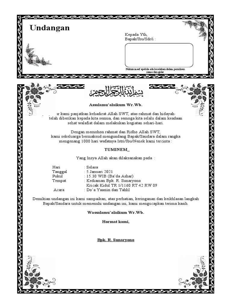 Contoh Undangan Yasin 1000 Hari | PDF