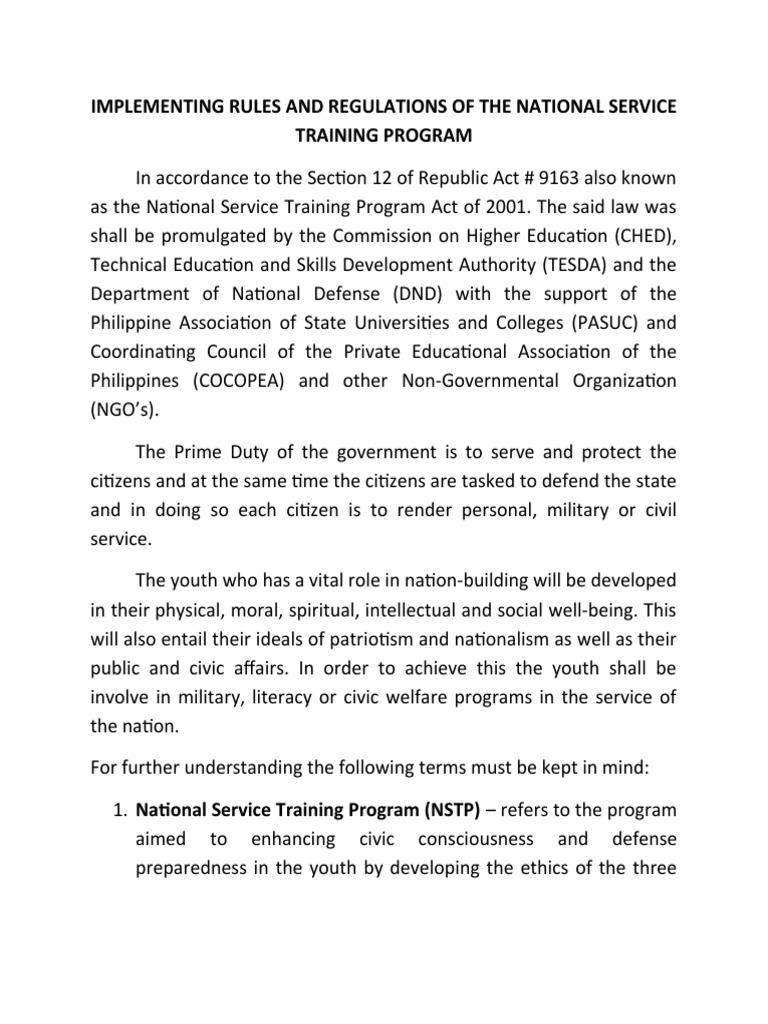 Guidelines for Implementing the National Service Training Program ...