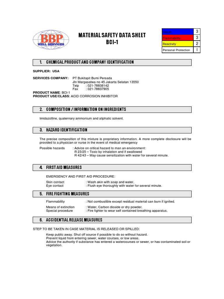 Material Safety Data Sheet BCI-1: 1. Chemical Product and Company ...