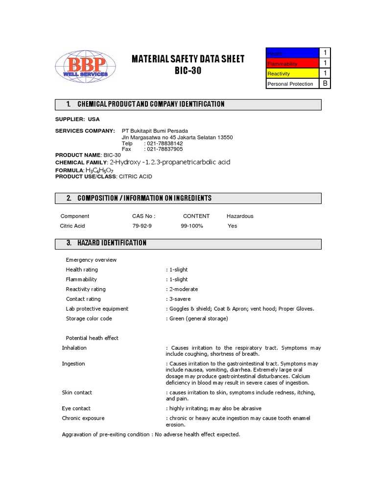 Material Safety Data Sheet BIC-30: 1. Chemical Product and Company ...