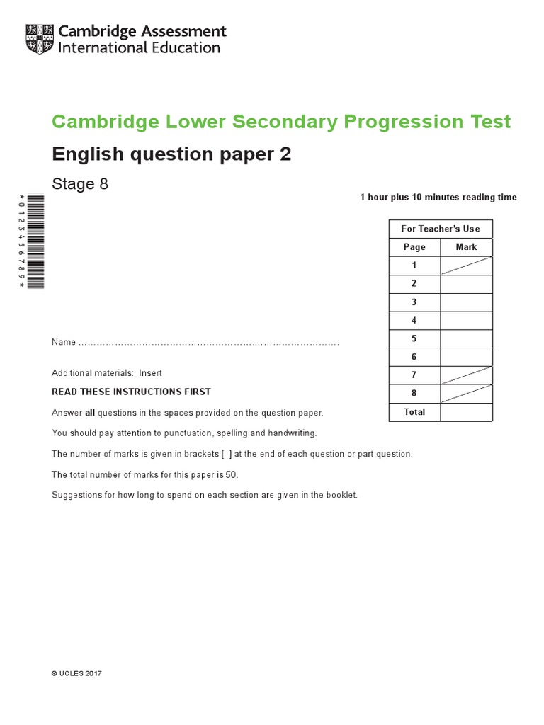 Cambridge Lower Secondary Progression Test: English Question Paper 2 | PDF