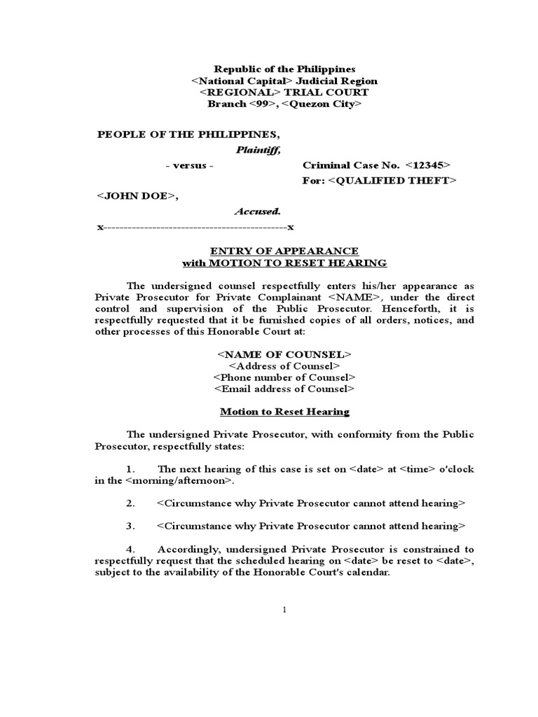 Entry of Appearance As Private Prosecutor With Motion To Reset | PDF | Prosecutor | Judiciaries