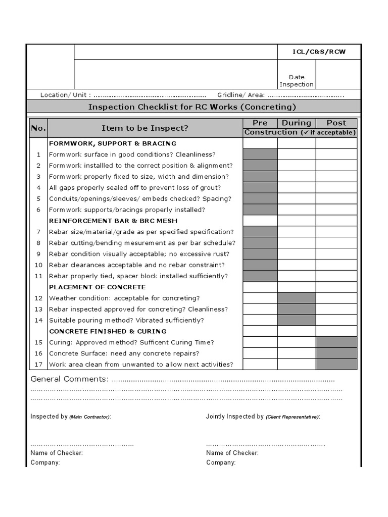 05 Checklist C&S RC Work (General) | PDF | Concrete | Economic Sectors