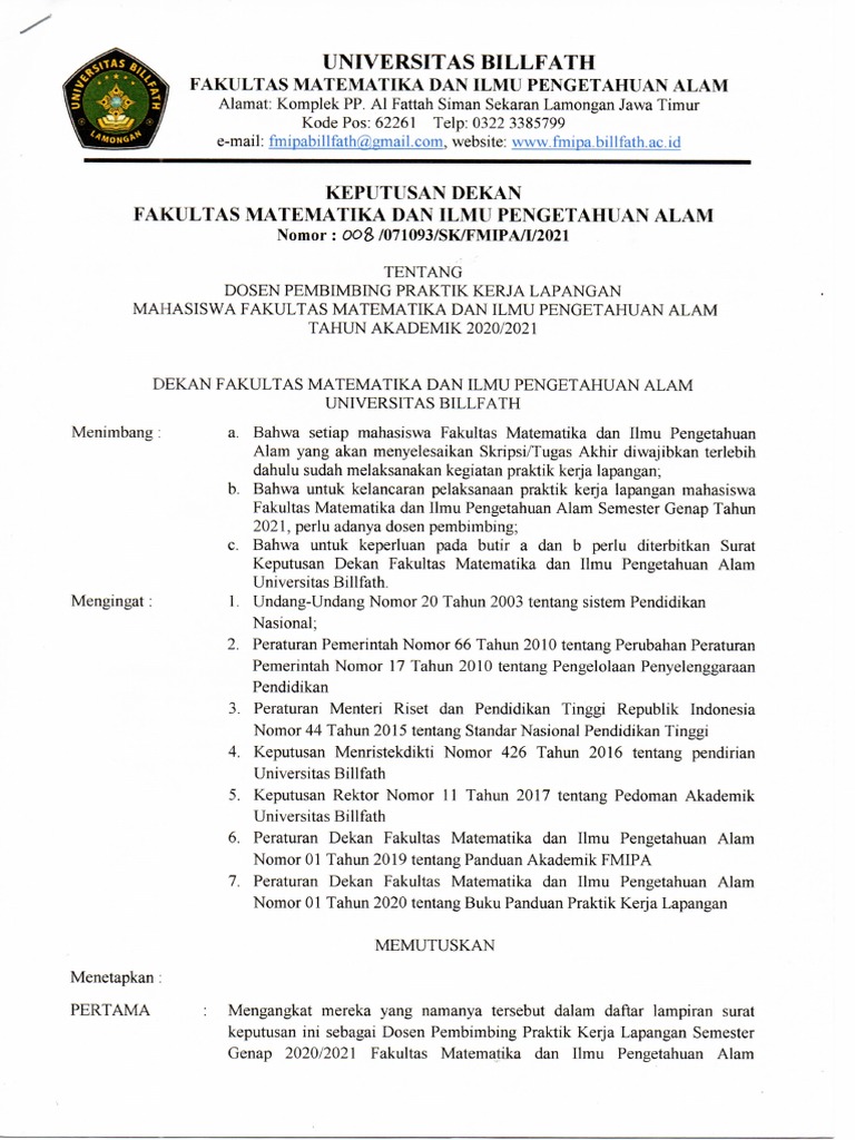 SK Dosen Pembimbing PKL 2020-2021 | PDF