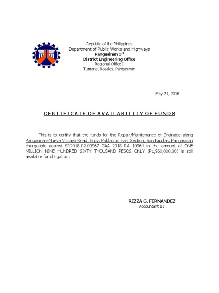 Certificate of Availability of Funds: Republic of The Philippines | PDF