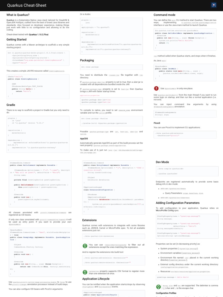 Quarkus Cheat Sheet | PDF | Java (Programming Language) | Command Line Interface