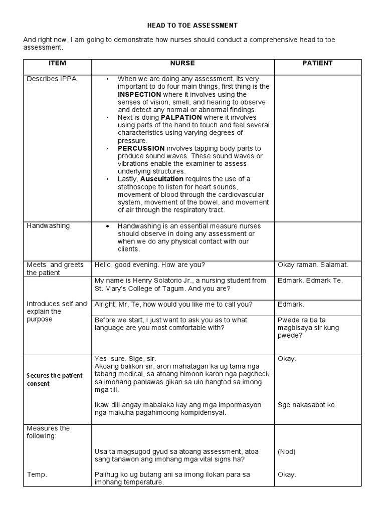 HEAD TO TOE ASSESSMENT With Patient | PDF | Physical Examination ...