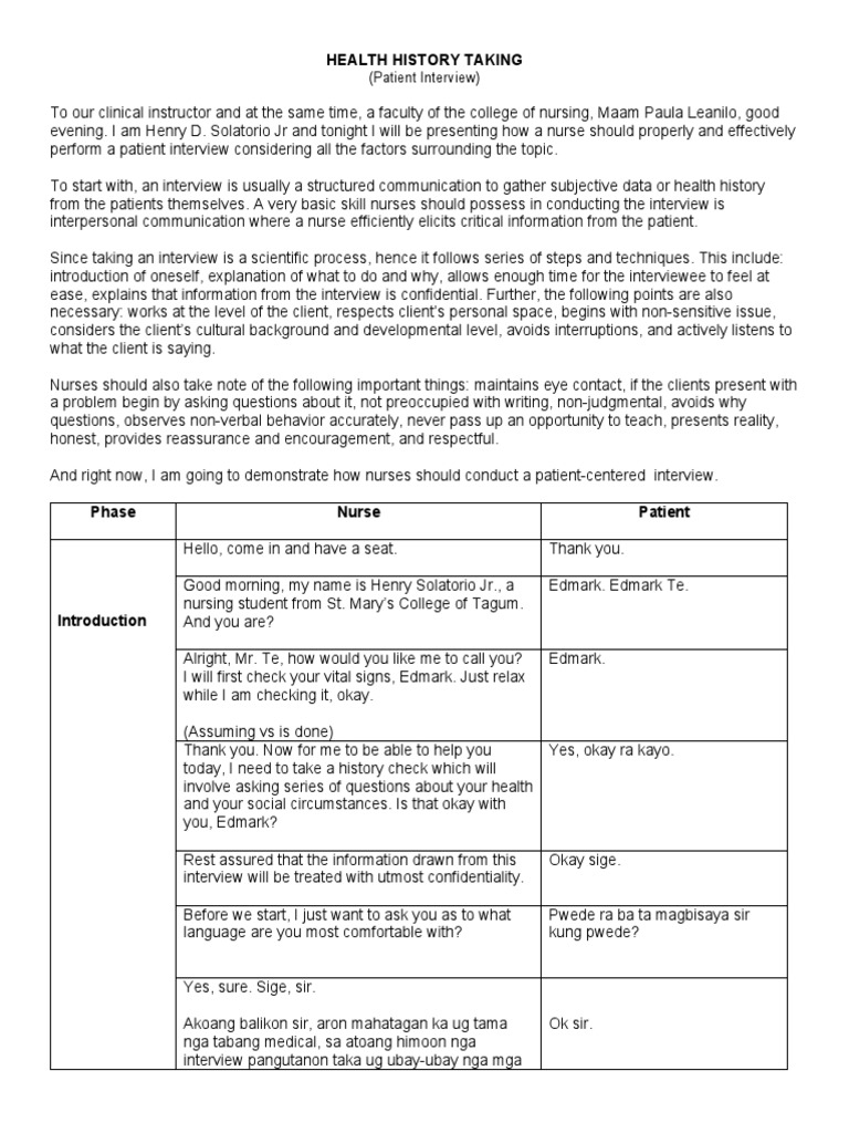 Health History Taking: (Patient Interview) | PDF | Interview ...