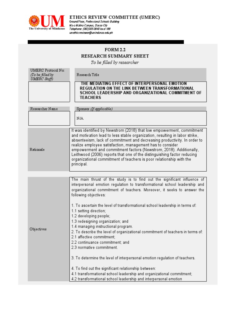 B. Form 2.2 Research Summary Sheet | PDF | Conflict Of Interest ...