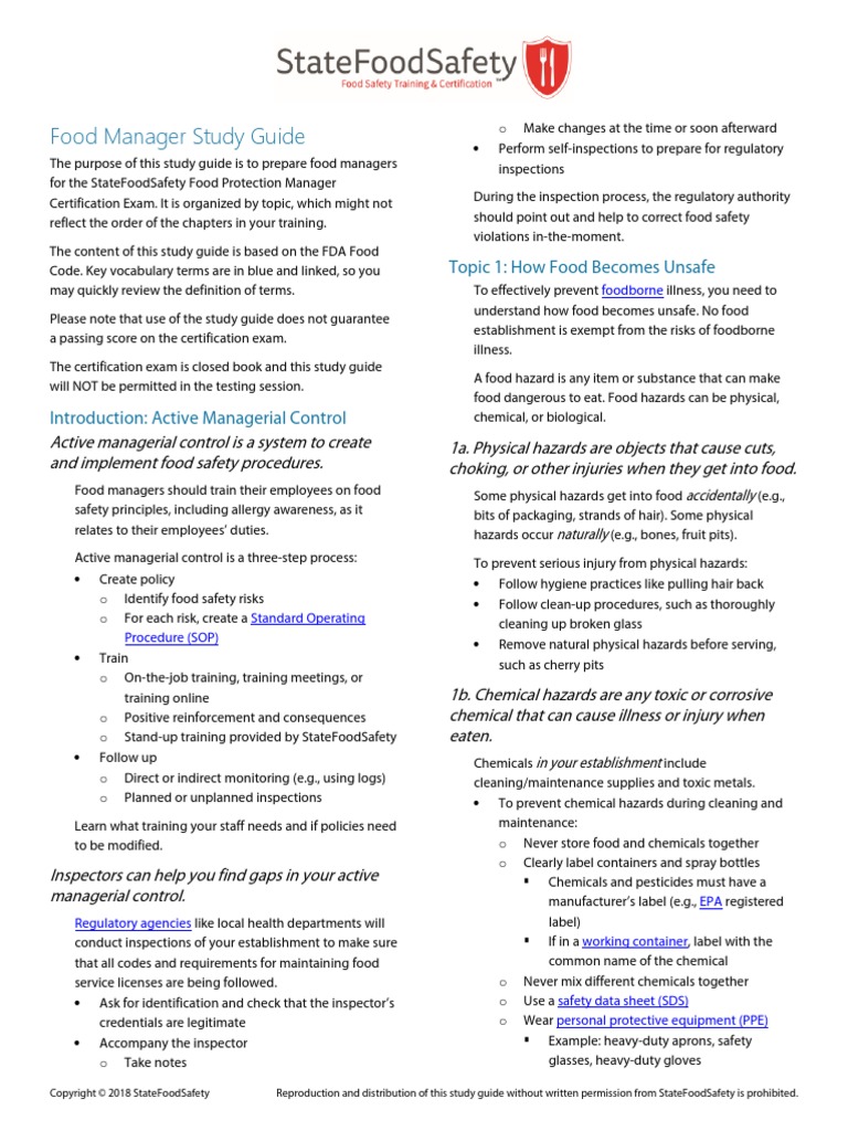 Food Manager Study Guide: Topic 1: How Food Becomes Unsafe | PDF | Food ...