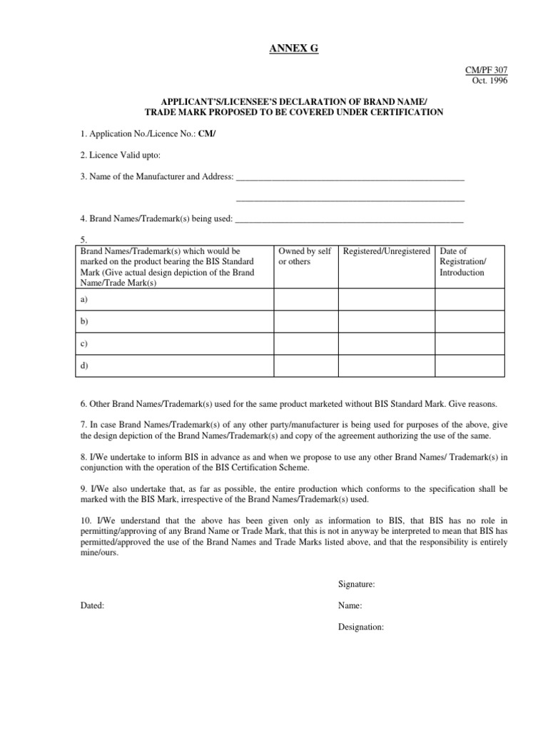 Annex G: Applicant'S/Licensee'S Declaration of Brand Name/ Trade Mark ...