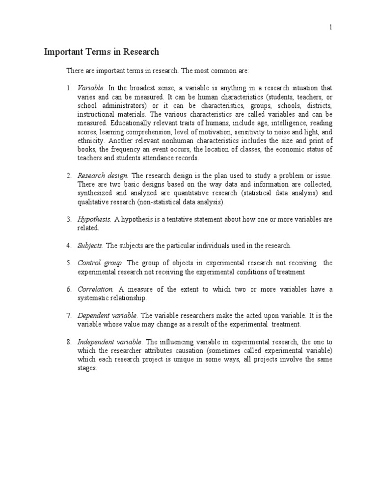 Important Terms in Research | PDF | Experiment | Research Design