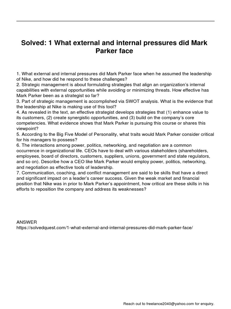 1 What External and Internal Pressures Did Mark Parker Face | PDF ...