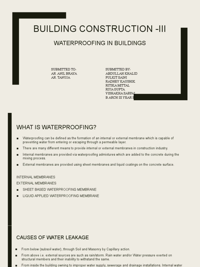 Building Construction - Iii: Waterproofing in Buildings | PDF ...