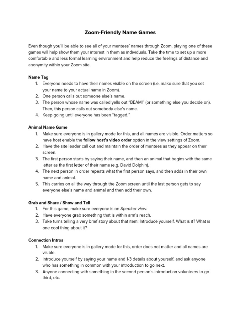 Zoom-Friendly Name Games | PDF