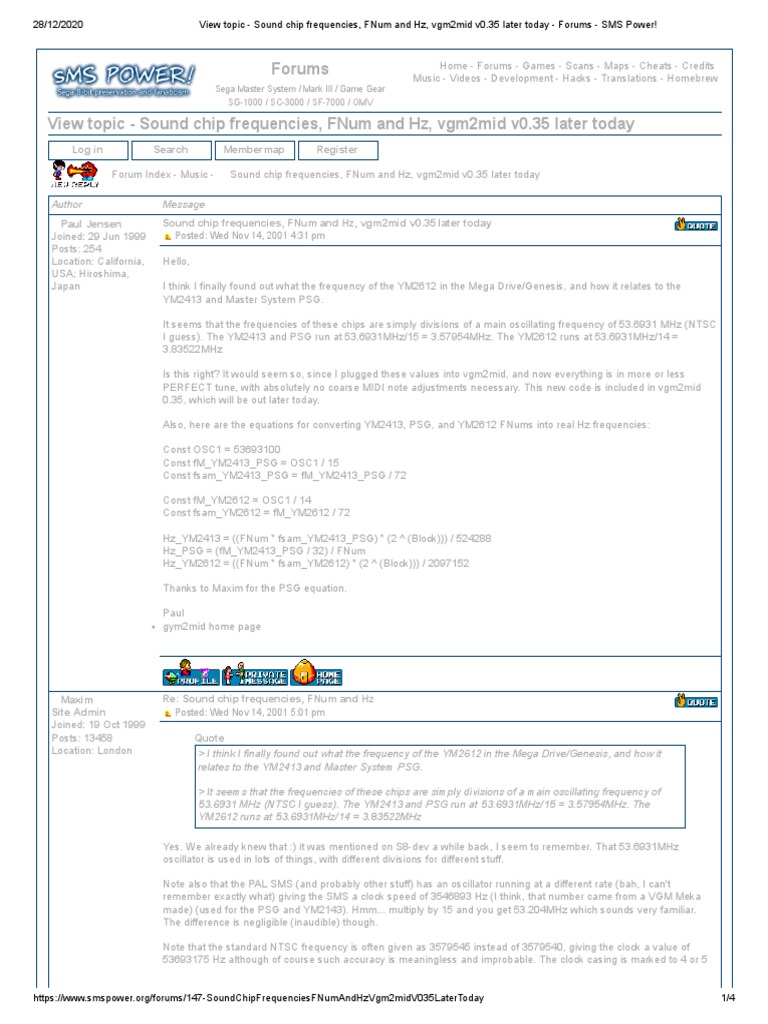 View Topic - Sound Chip Frequencies, FNum and HZ, Vgm2mid v0.35 Later Today - Forums - SMS Power ...