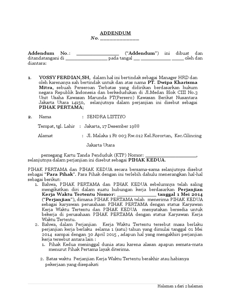 Addendum Kontrak Kerja PT Dwipa | PDF