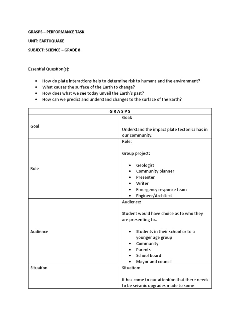 Grasps - Performance Task Unit: Earthquake Subject: Science - Grade 8 ...