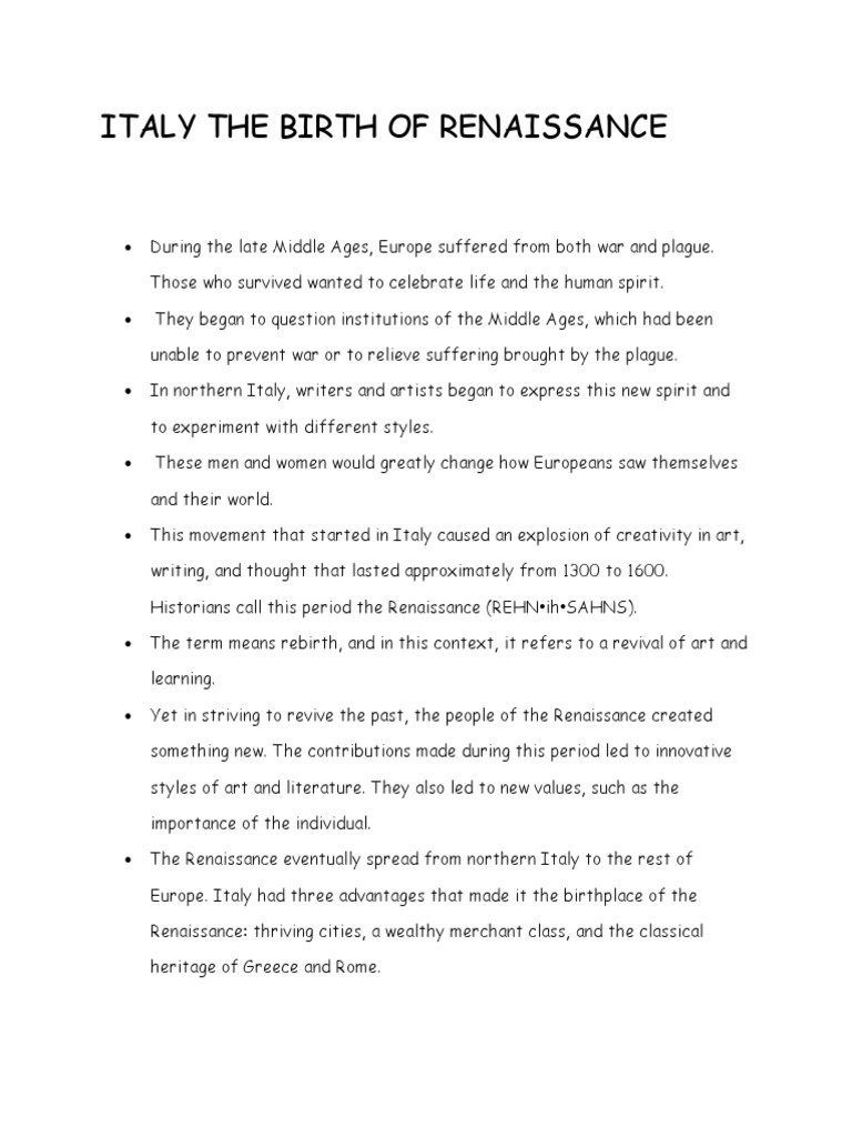Italy The Birth of Renaissance | PDF | Renaissance | Leonardo Da Vinci