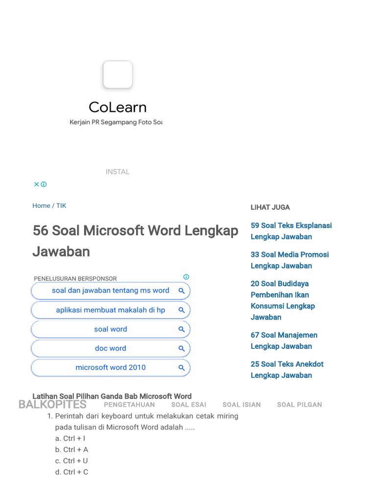 56 Soal Microsoft Word Lengkap Jawaban - Balkopites | PDF