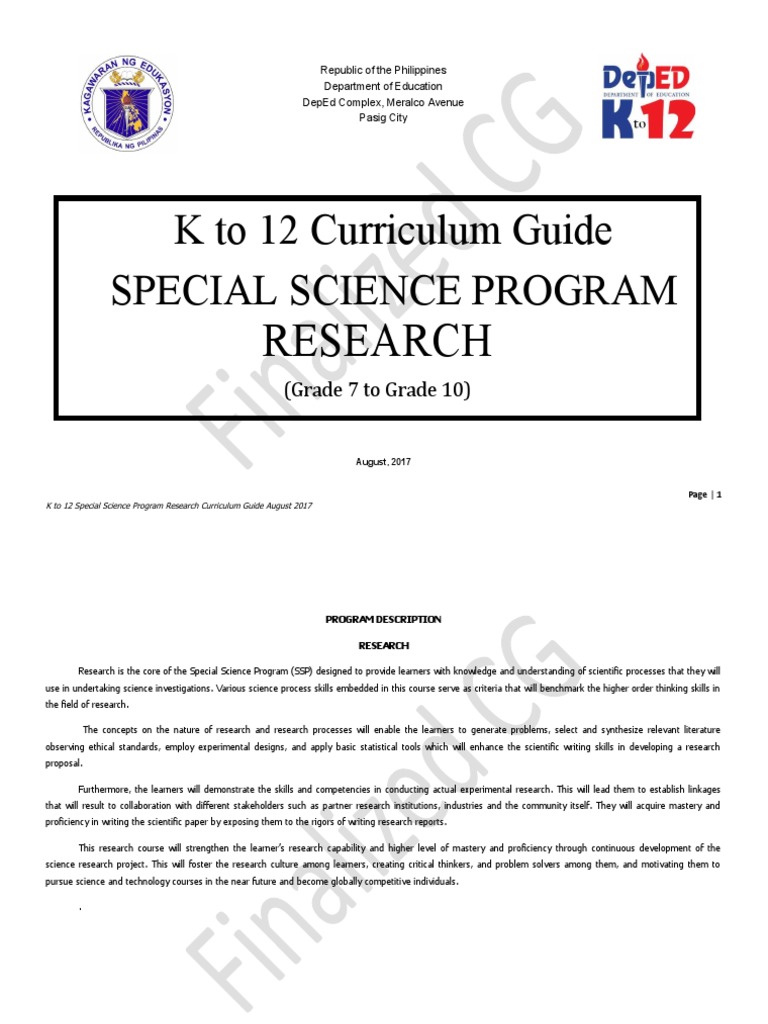 K To 12 Curriculum Guide Special Science Program: Research | PDF ...