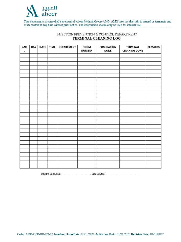 Terminal Cleaning Log: Infection Prevention & Control Department | PDF