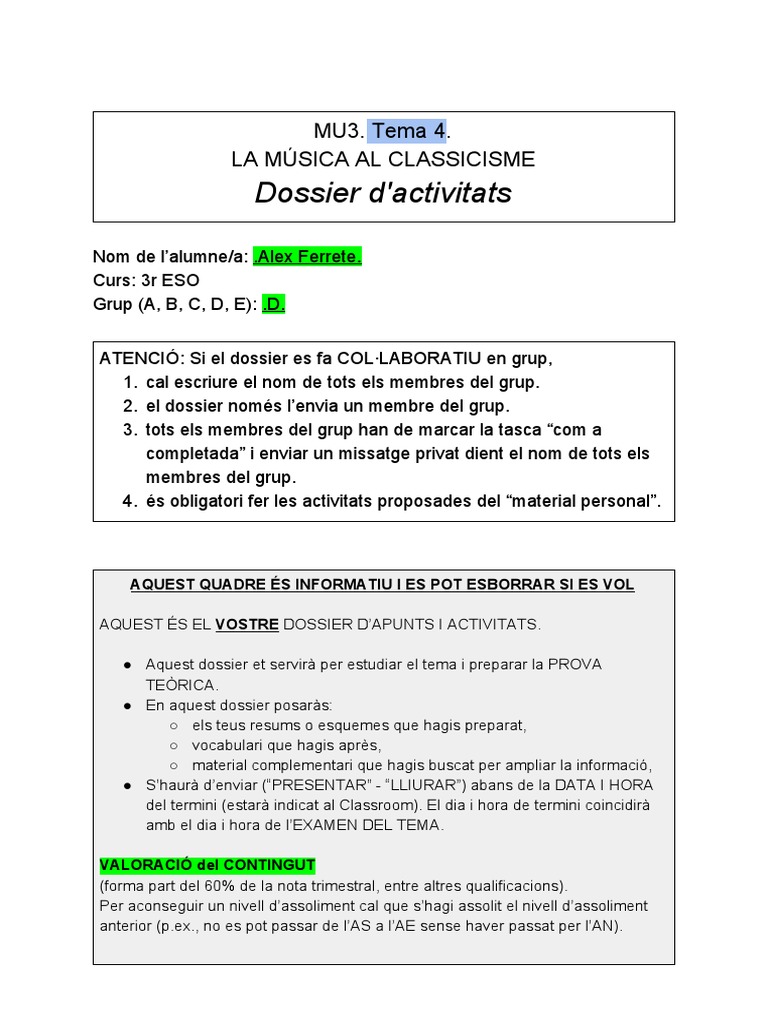 Alex Ferrete Jimenez - MU3.T4.DOSSIER Del Tema 4 - La Música Al Classicisme.2021 | PDF