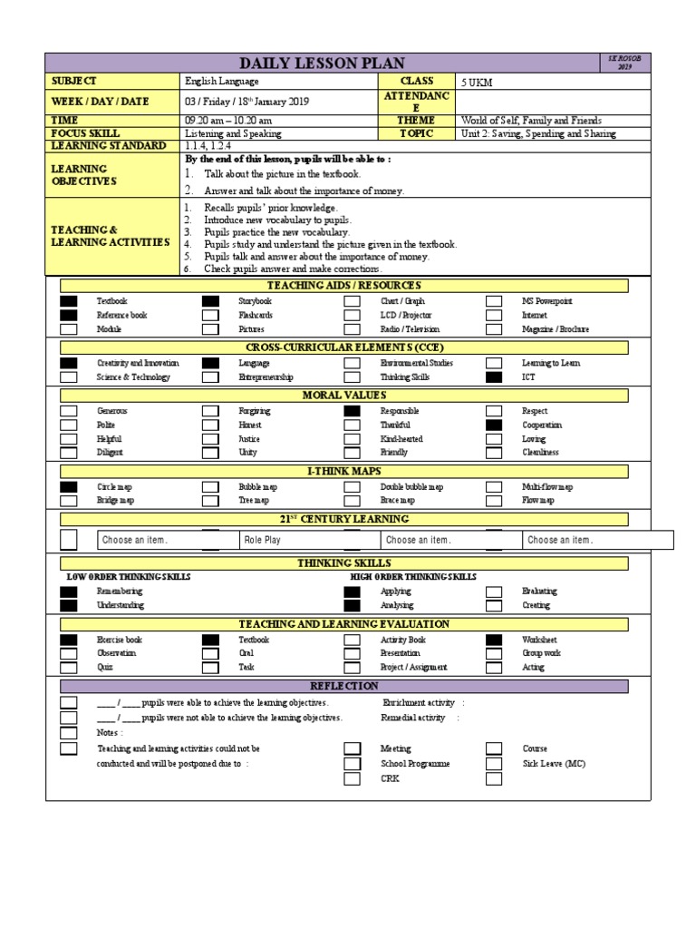 Daily Lesson Plan: Low Order Thinking Skills High Order Thinking Skills ...