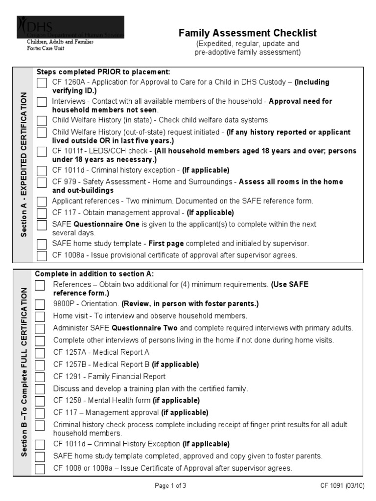Family Assessment Checklist: Steps Completed PRIOR To Placement ...
