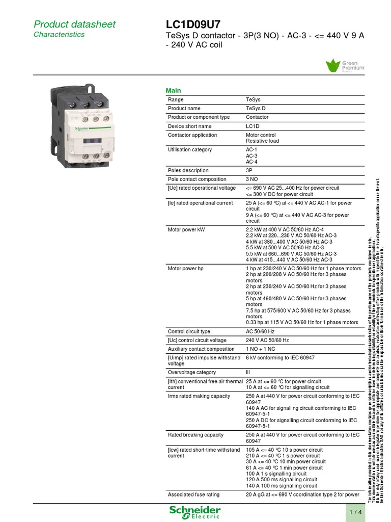 LC1D09U7: Product Datasheet | PDF | Alternating Current | Electric Motor