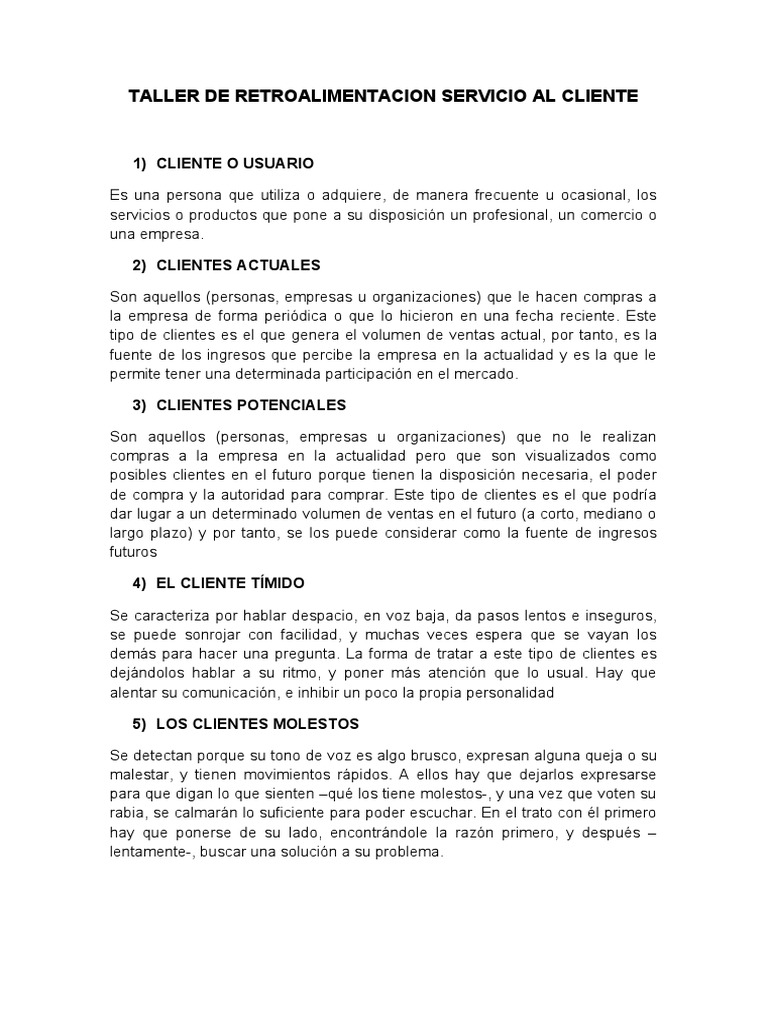 Taller de Retroalimentacion Servicio Al Cliente | PDF | Cliente | Calidad (comercial)