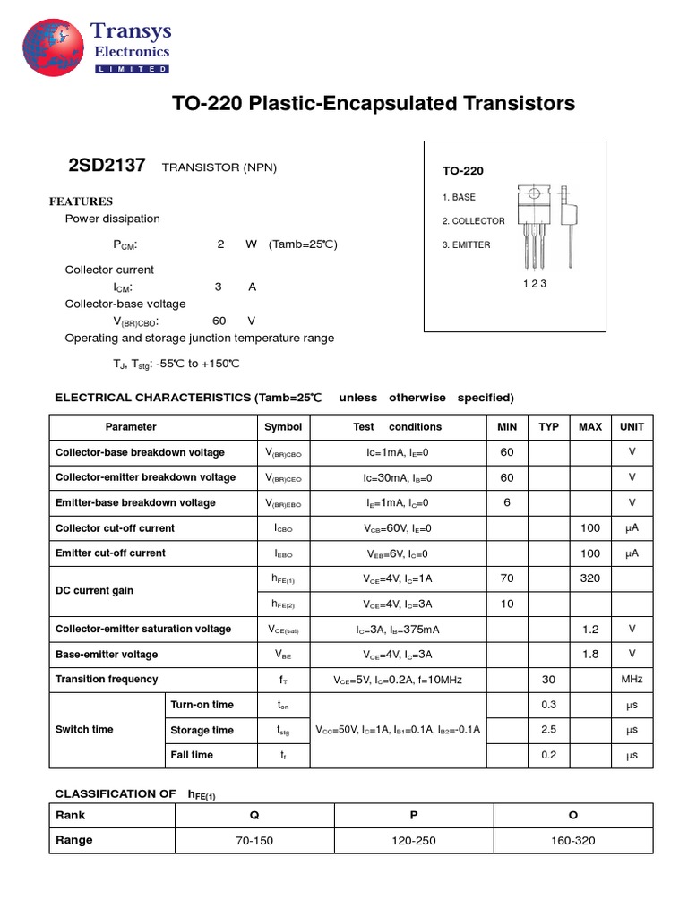 Transys: TO-220 Plastic-Encapsulate D Transistors | PDF